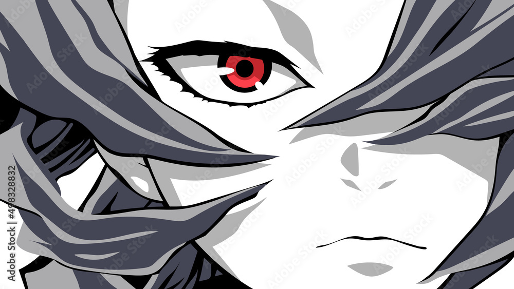 Cartoon face close-up with red eyes. Vector illustration for anime ...