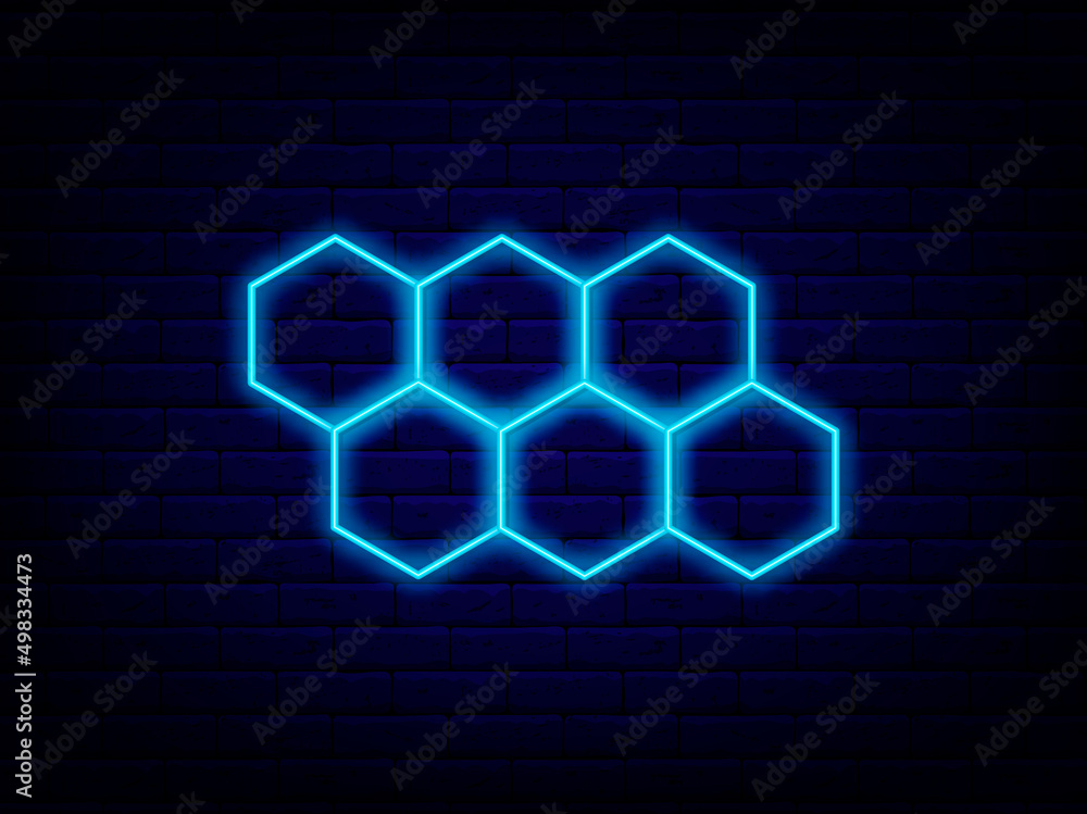 Honeycomb neon frame on brick wall. Blue polygonal shape. Abstract ...