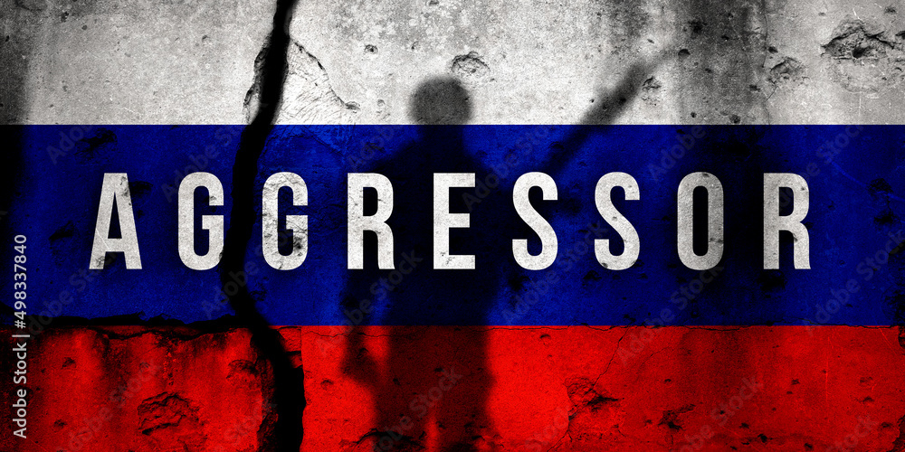 Russia aggressor banner background with flag and text. Military ...