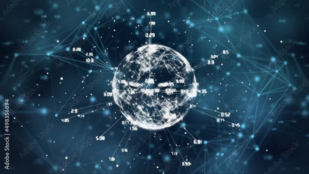 Animation of globe over network of connections and data processing ...