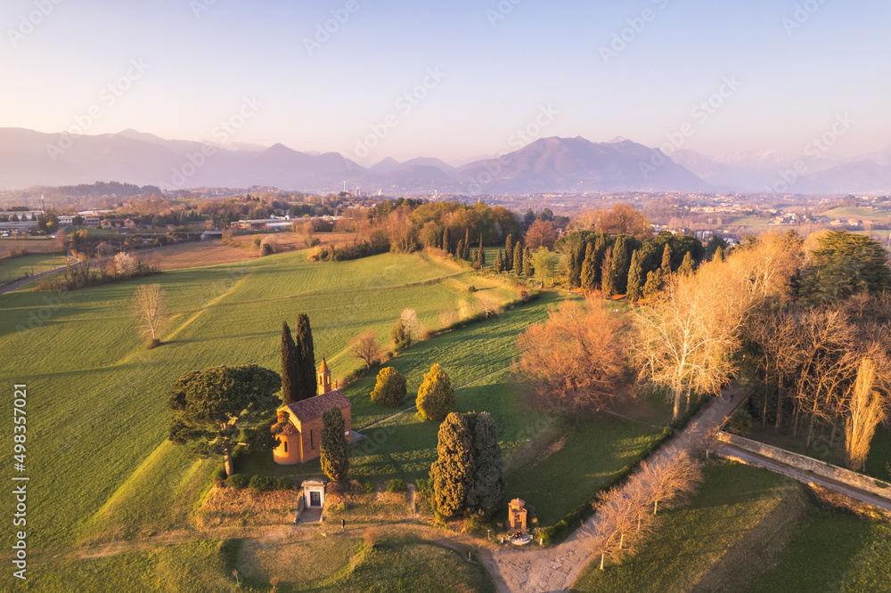 Beautiful rural scene on Italy with an old red church. Discover the ...