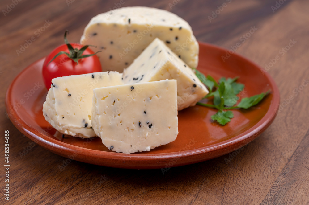 Traditional polish white cheese with black chives seeds made in North ...