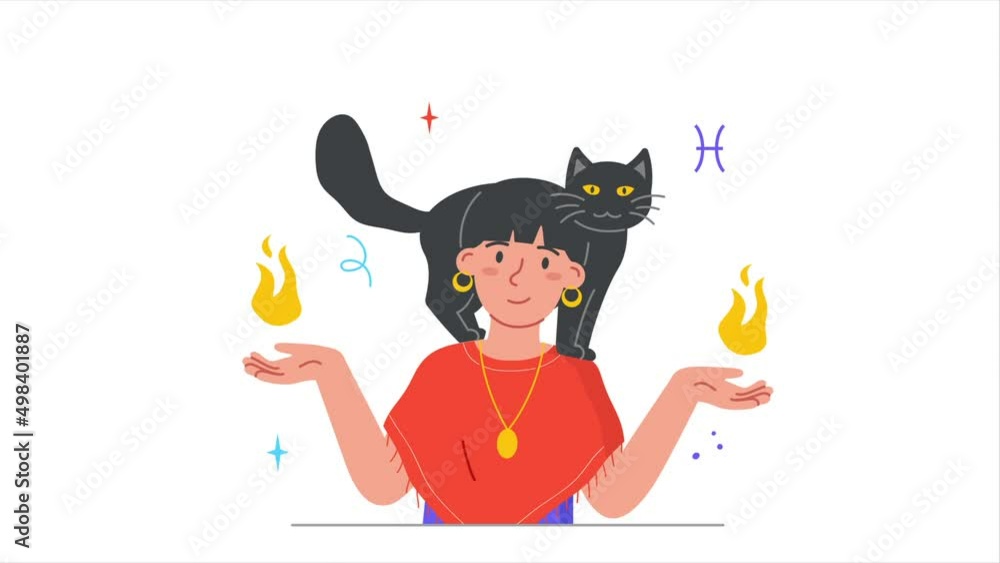 Female predicting future video concept. Moving woman with black cat on ...