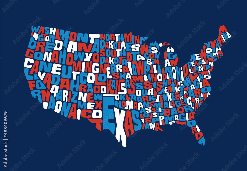 United States map with names in the shape of each state. Red white and ...