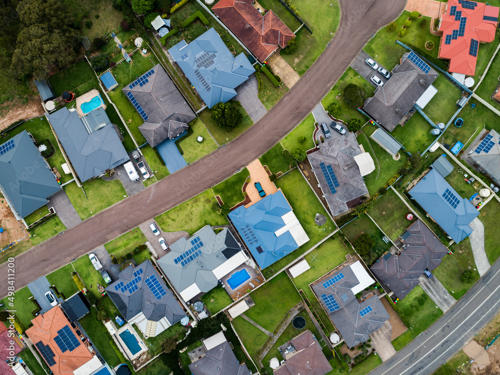 Houses and street in neighbourhood seen from overhead aerial view Stock ...