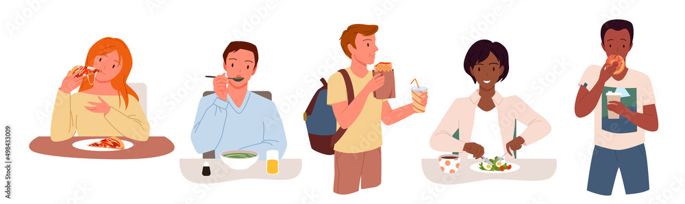 Wide set of people eating different foods. Fast food consumption ...