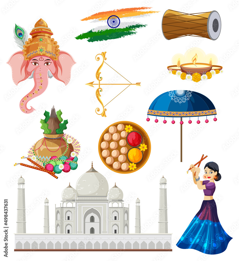 Set of Indian culture objects and symbols Stock Vector | Adobe Stock