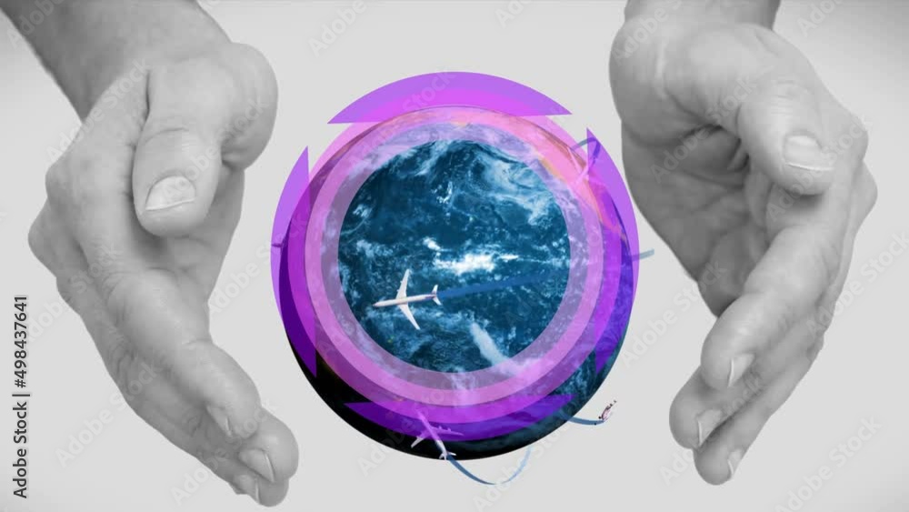 Purple abstract shape over plane icons flying over globe and cupped ...