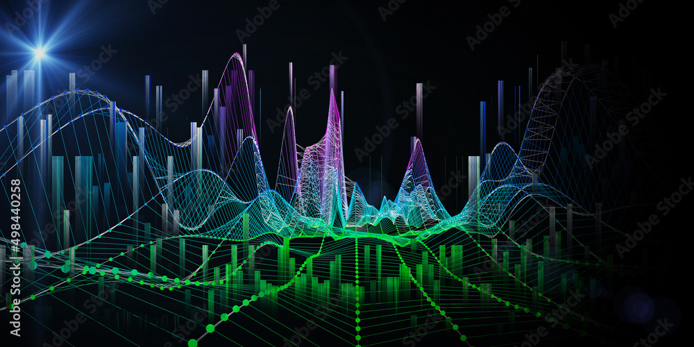 Abstract technology background with color wireframe graph on black. Visual presentation of ...