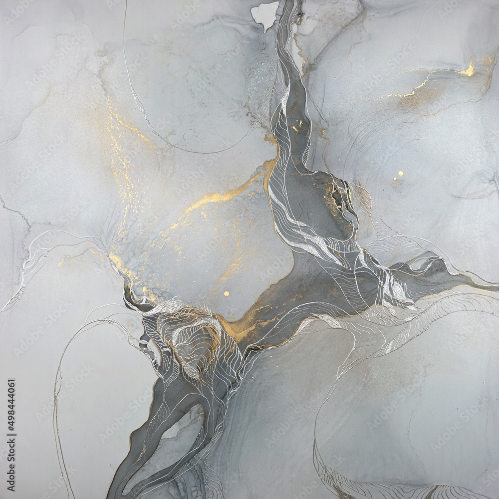 Abstract textured art with gold and silver — grey background with ...