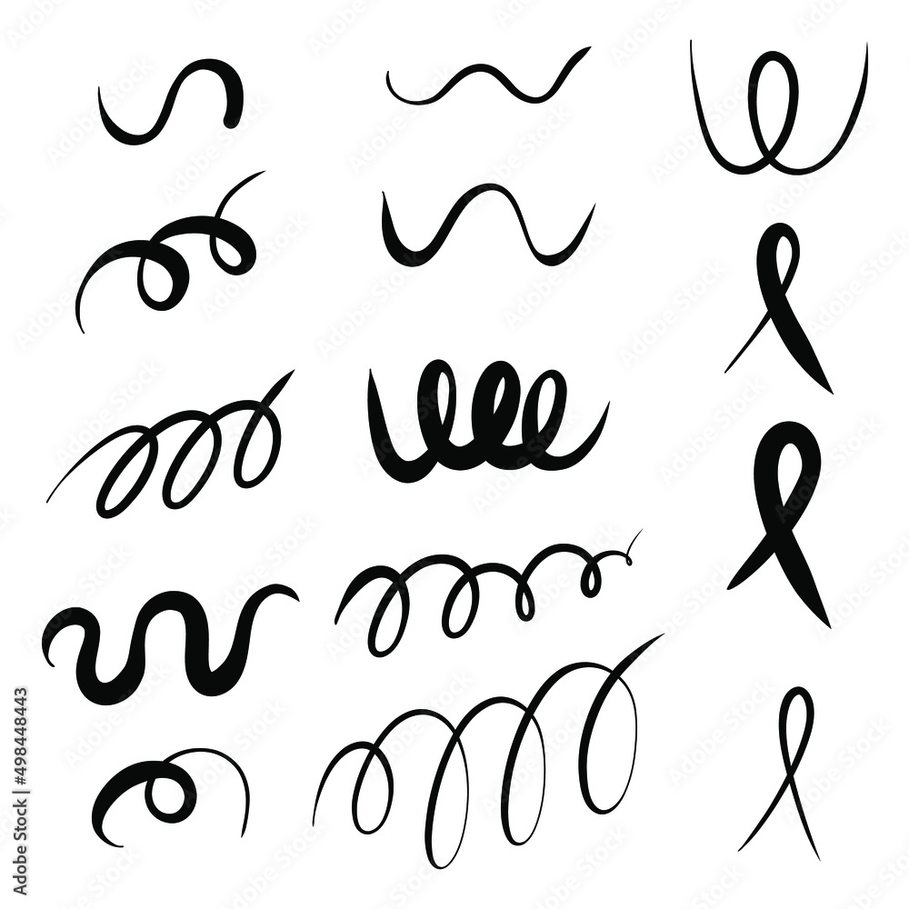 Doodle curve line. Sketch brush strokes, highlight underline, lines ...