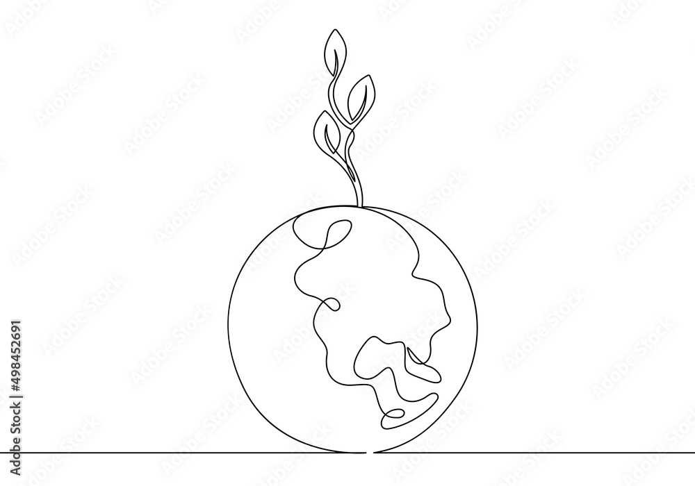 Ecology Symbol Continuous Line Drawing. Globe Earth with Leaves ...