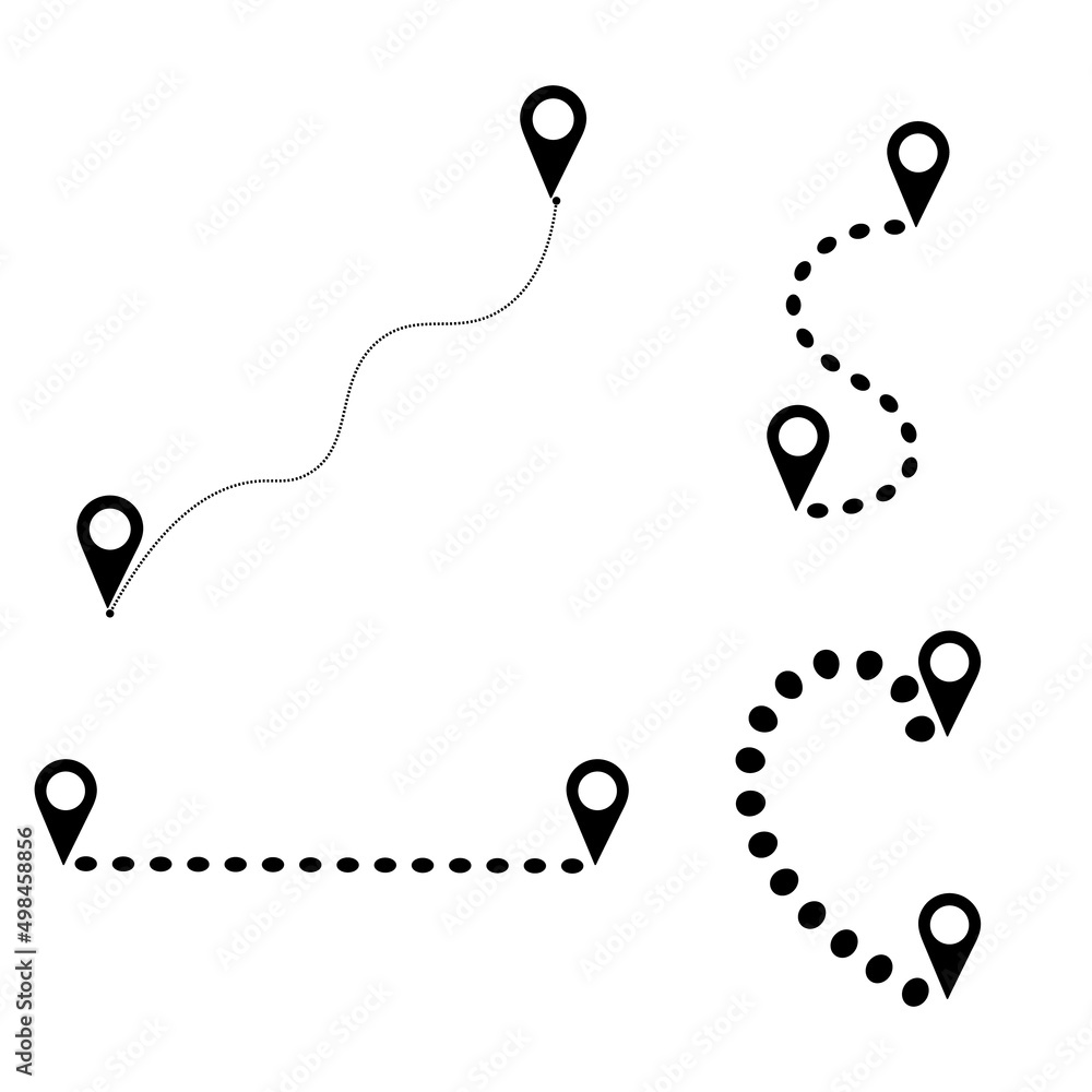 Route icons set. Line path icon. Route with location pin. Map, gps ...