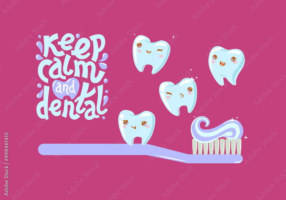 Cute tooth hygiene. Smiling, happy teeth mascots with toothbrush and ...