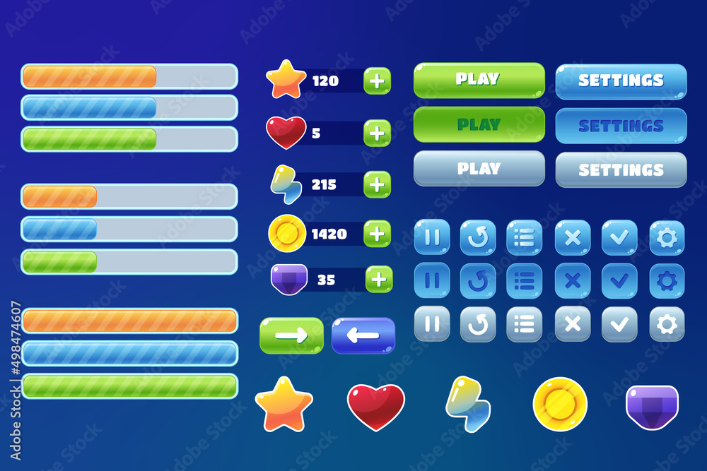 Set of icons and buttons for game or app interface. Mobile game casual ...