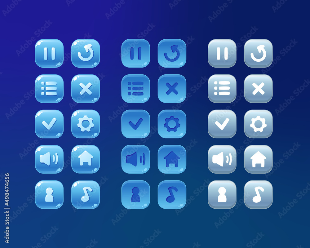 Assets Of Casual Game Blue Buttons Vector Design Interface Elements Active Push Inactive