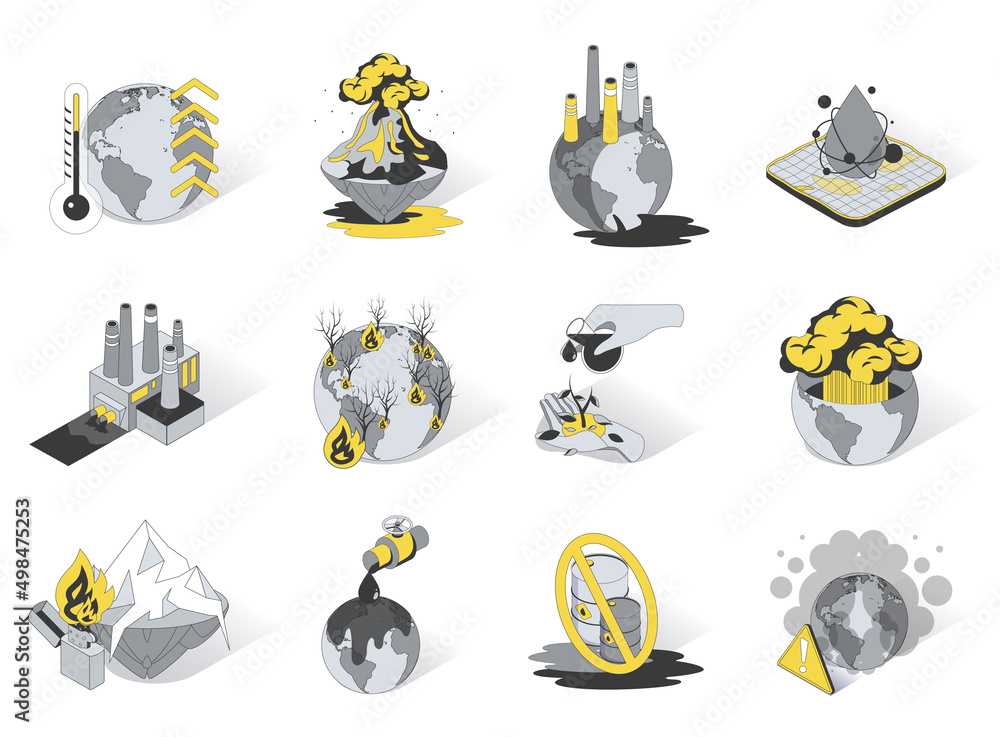 Global warming and pollution 3d isometric icons set. Pack elements of ...