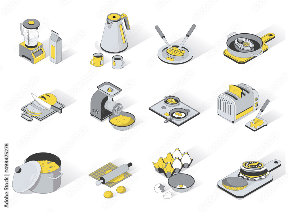 Kitchen utensils 3d isometric icons set. Pack elements of blender ...