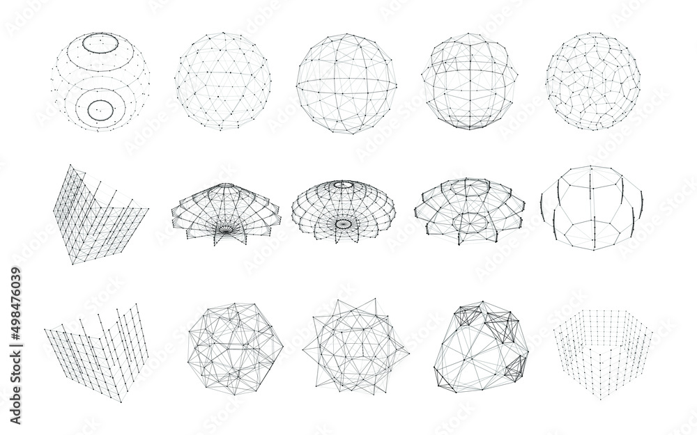 Set of wireframe geometric shapes with connected lines and dots. Collection of 3d objects ...