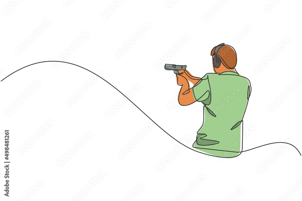 One continuous line drawing of young man on shooting training ground ...