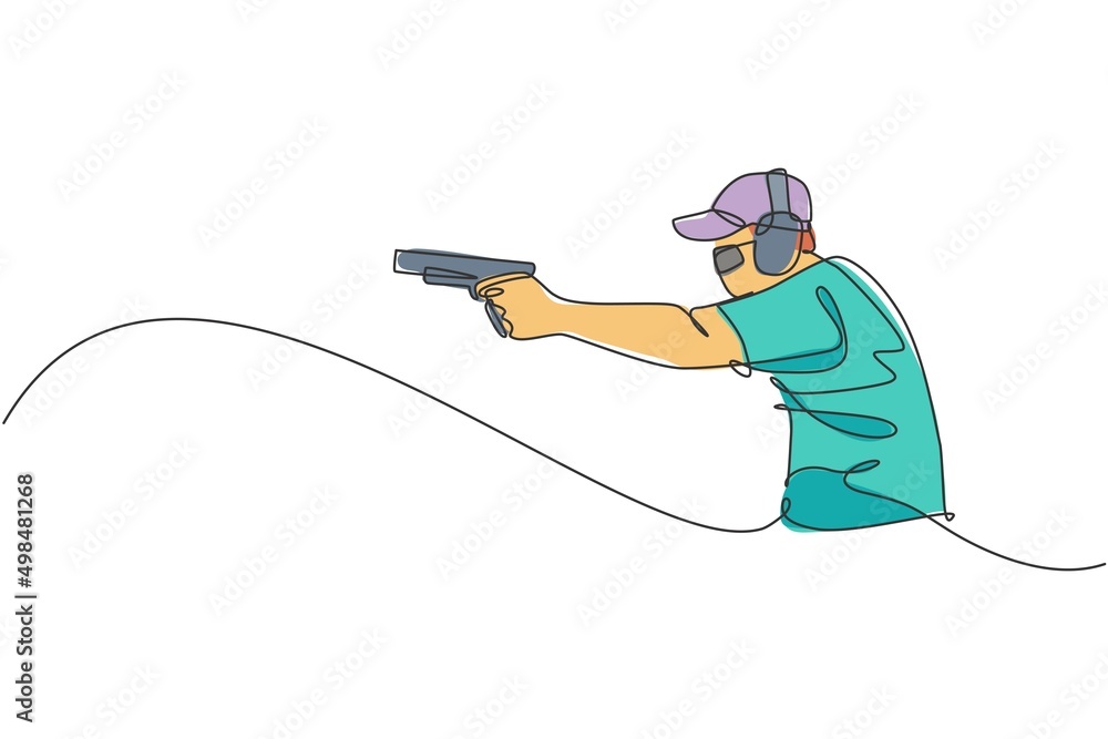 One single line drawing of young man practicing to shot target in range ...