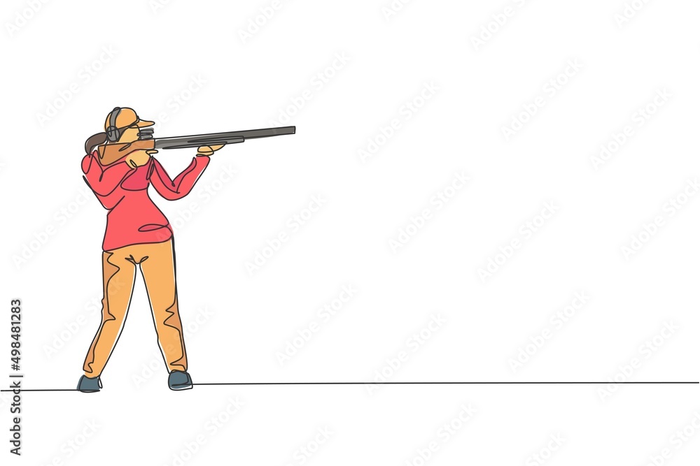 One continuous line drawing of young woman on shooting training ground ...