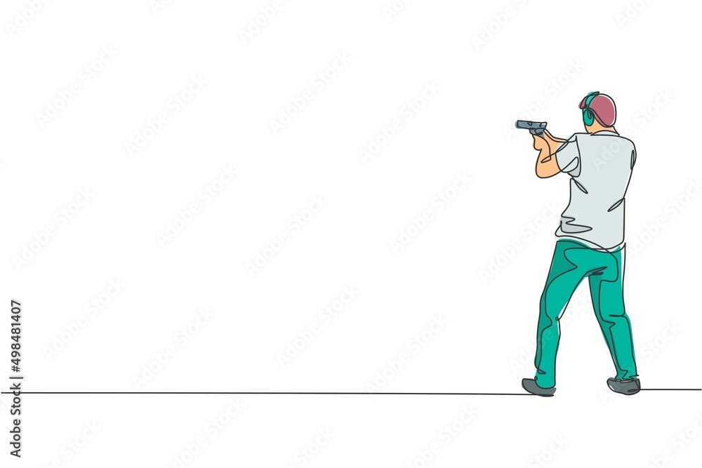Single continuous line drawing of young athlete man shooter holding gun ...