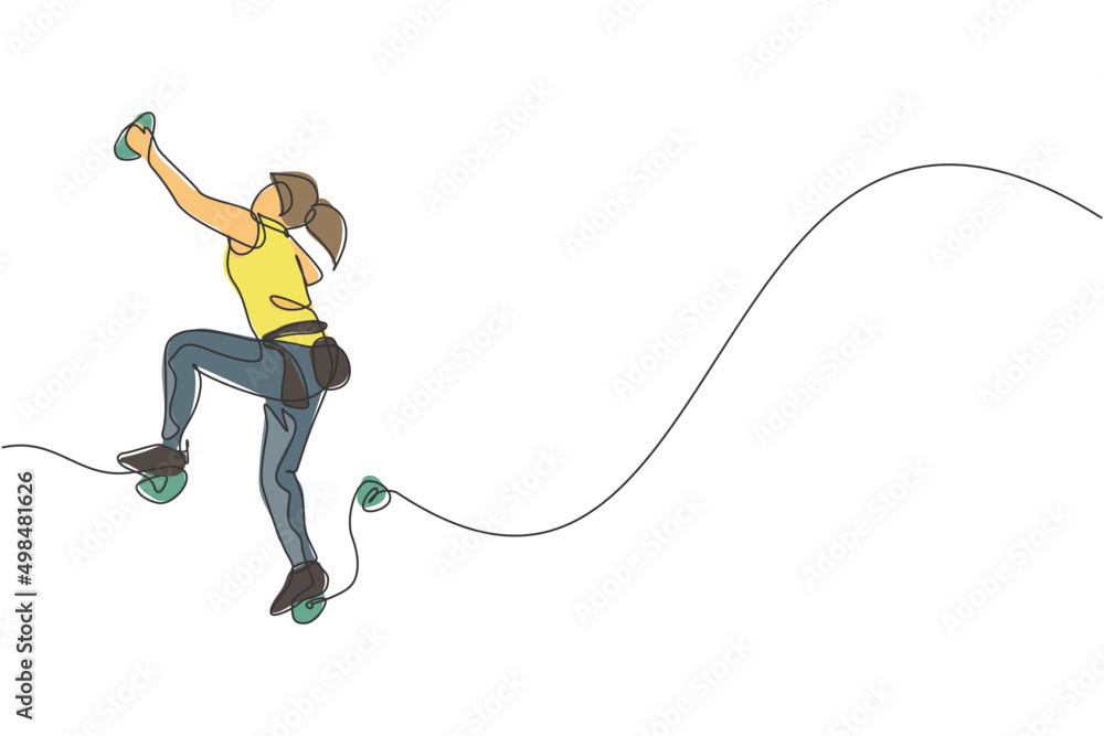 Single continuous line drawing of young muscular climber woman climbing ...
