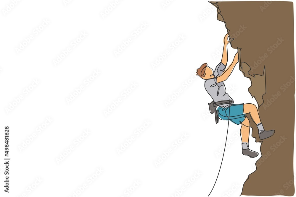 One single line drawing of young active man climbing on cliff mountain ...