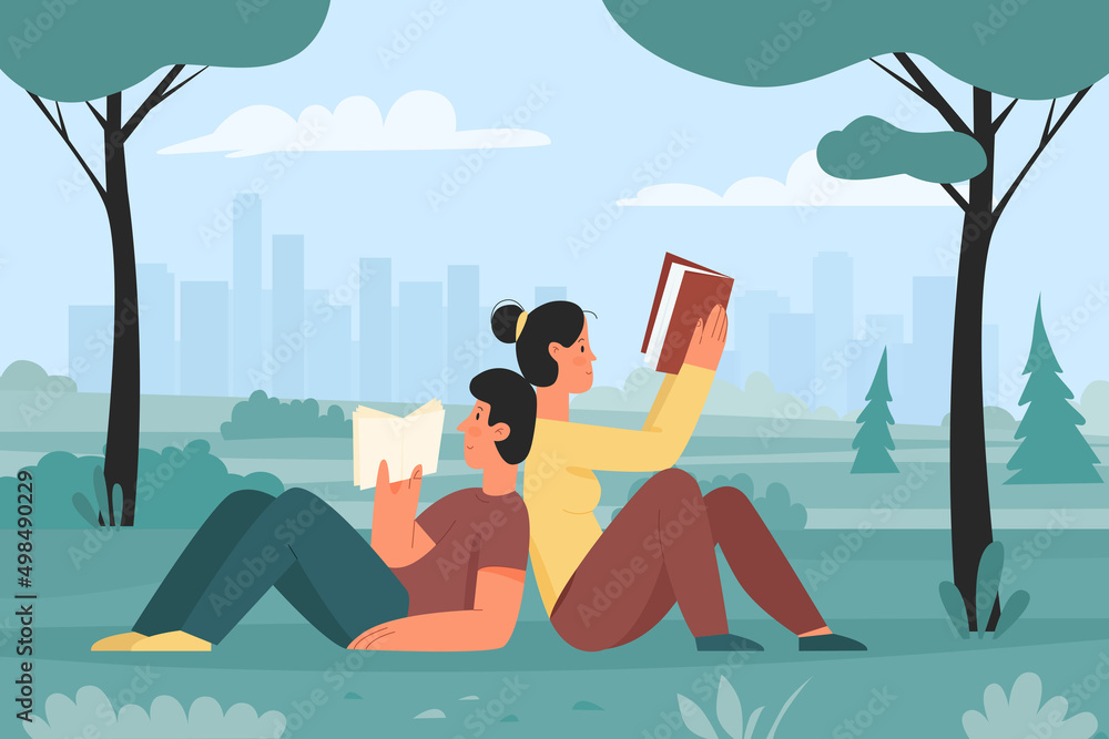 Boy and girl relaxing and reading books in park. Outdoor educational ...