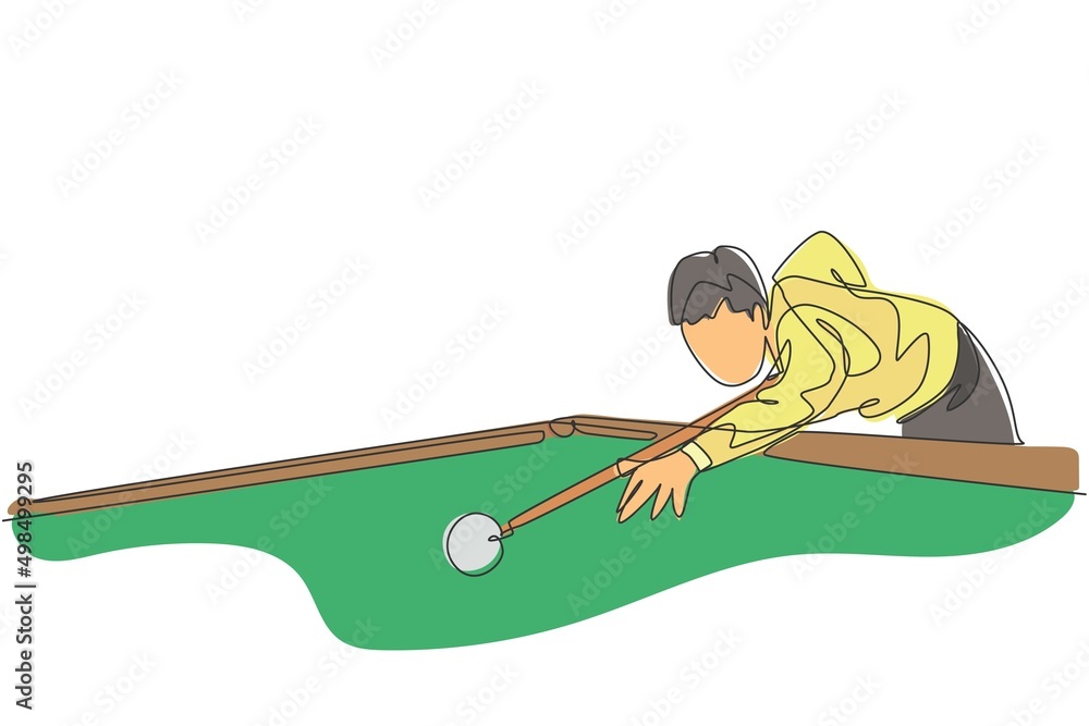 One single line drawing of young handsome man playing pool billiards at ...
