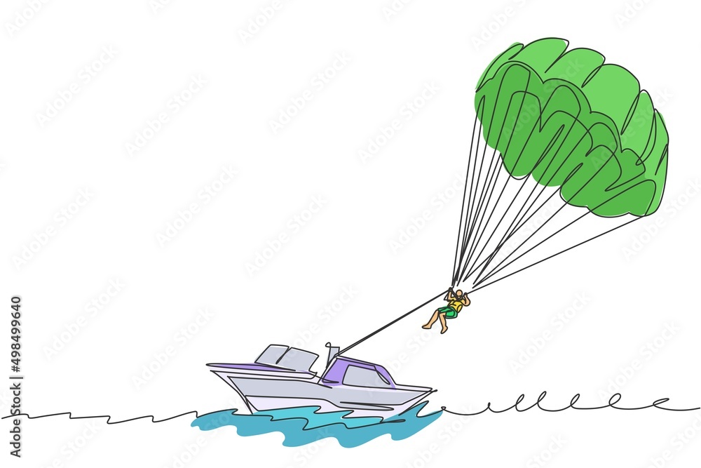 One single line drawing of young sporty man flying with parasailing ...