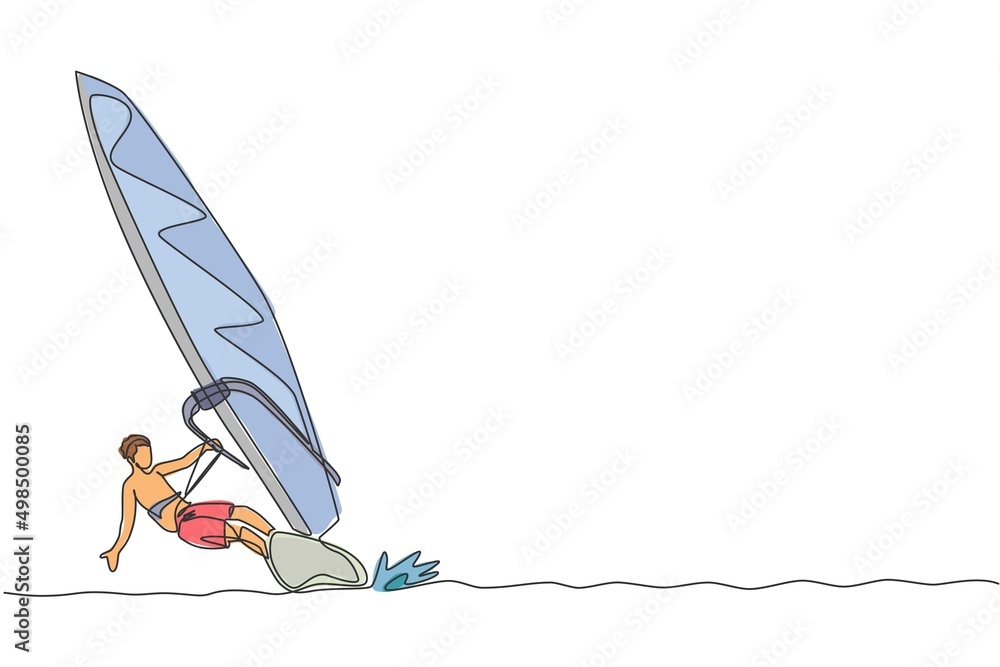 One single line drawing young sporty man play windsurfing in the sea ...