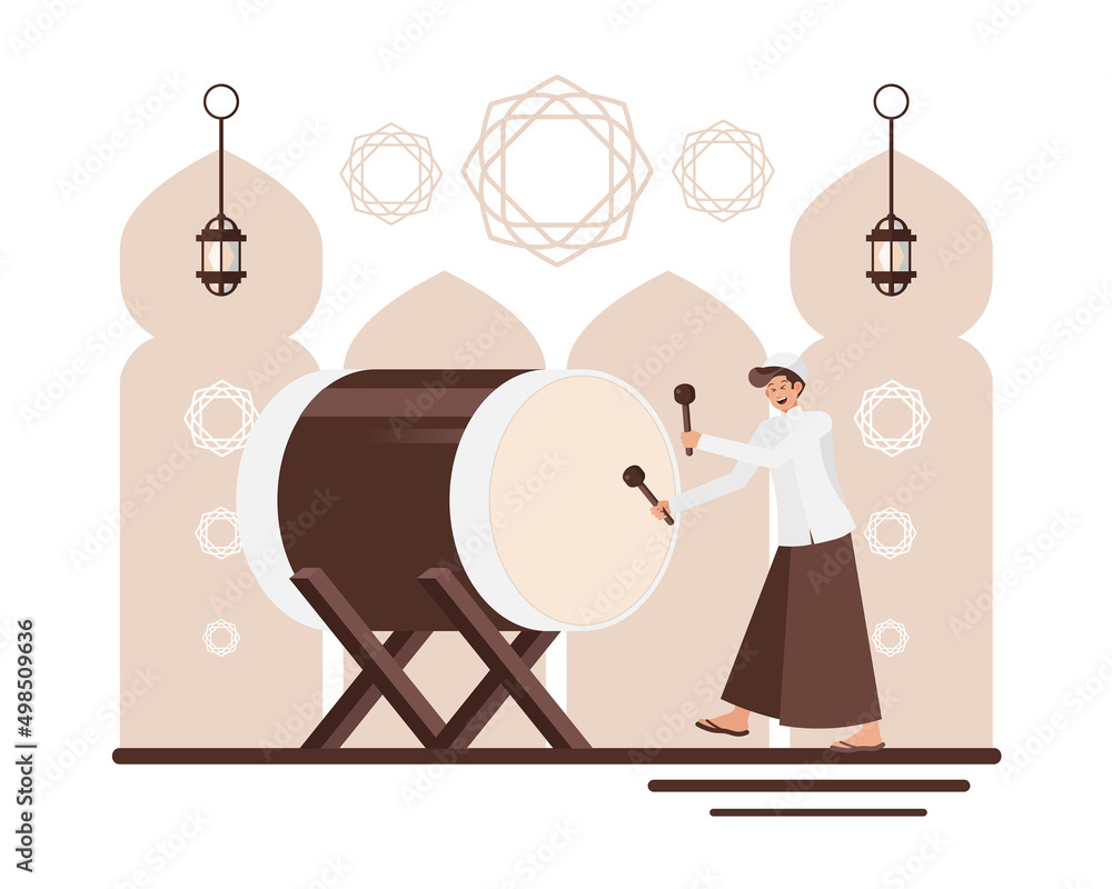 Male Muslim Character Plays Bedug - Islamic creative scene for design ...