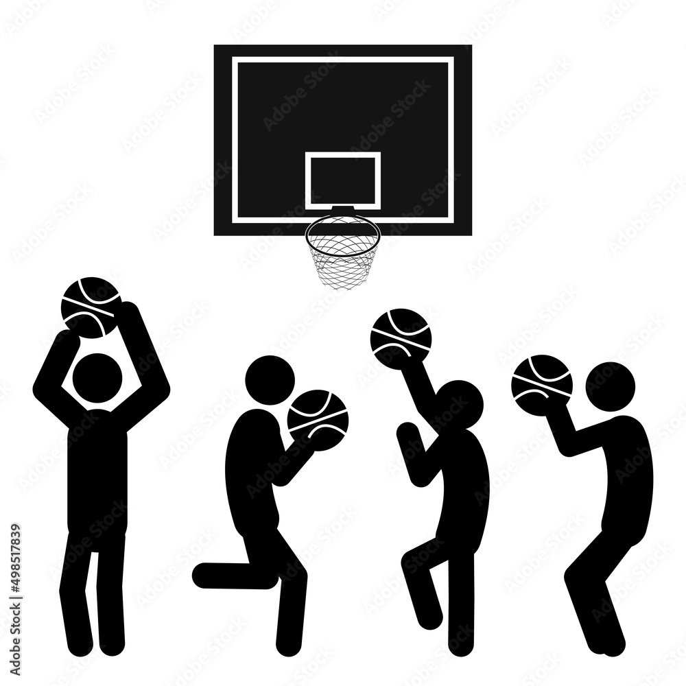 Poster Set of stick figures playing basketball, flat vector ...