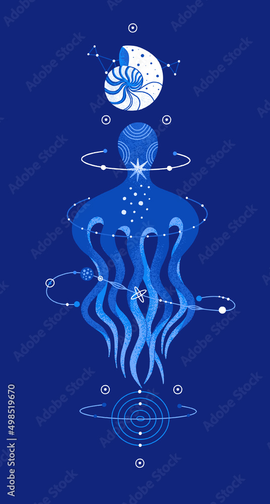 Cosmic octopus and seashell. Magic underwater life. Space marine ...