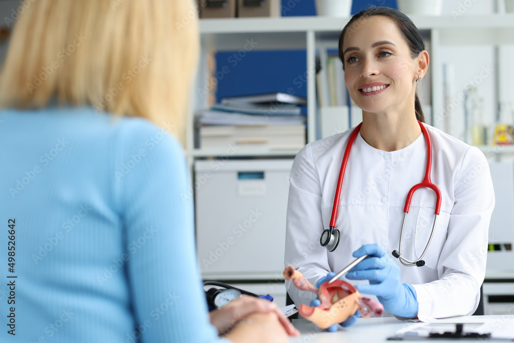 Gynecologist holds model of female reproductive system of uterus and ...