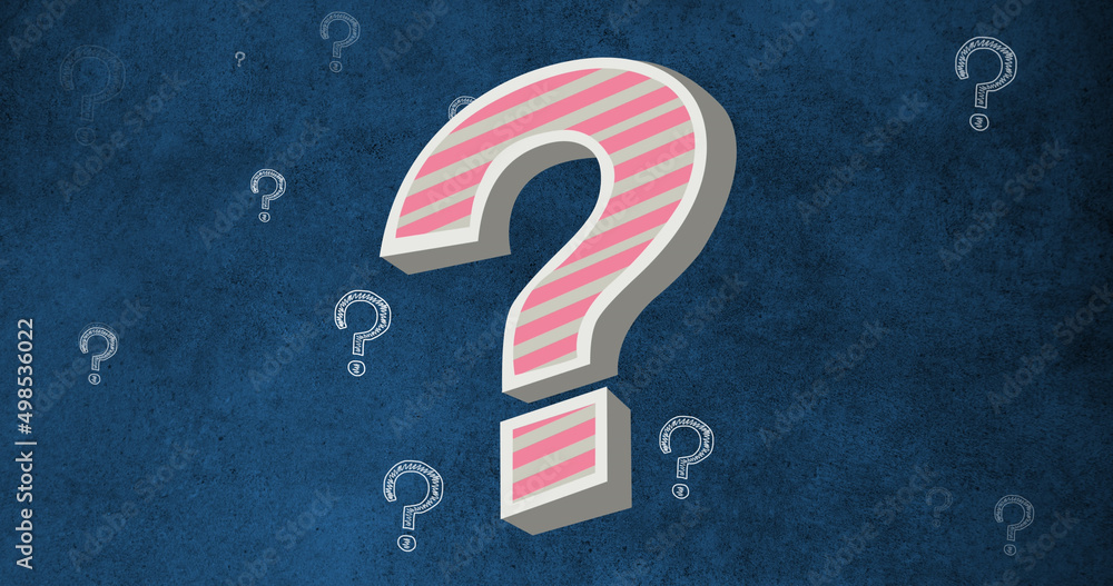 Pink striped question mark symbol against multiple question mark icons ...