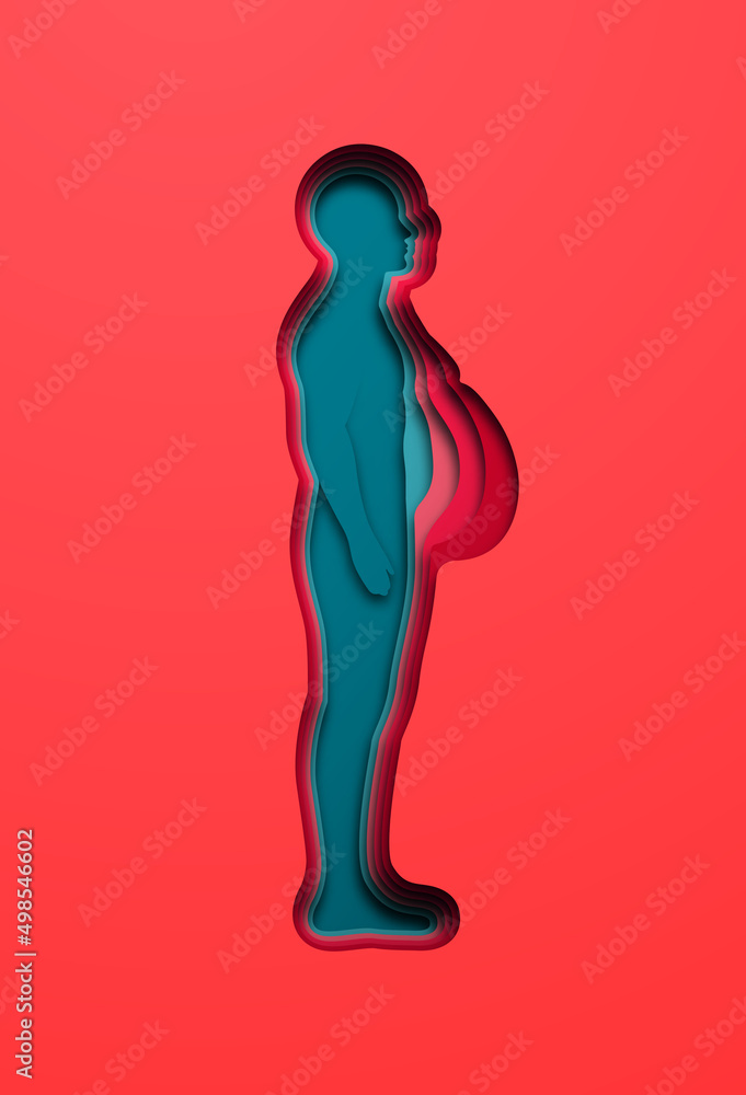 Paper cut man in full body profile view with layered overweight and ...
