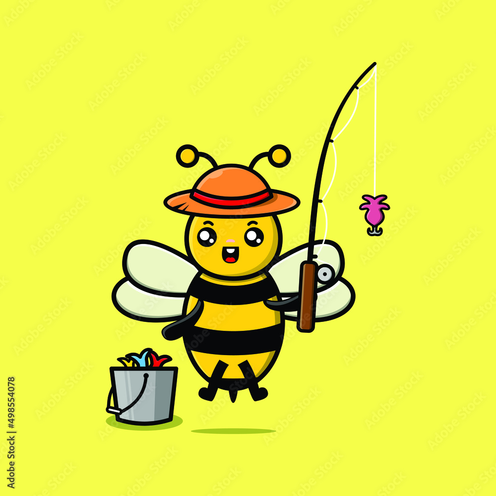 Cute cartoon bee ready fishing wearing fishing equipment cartoon ...