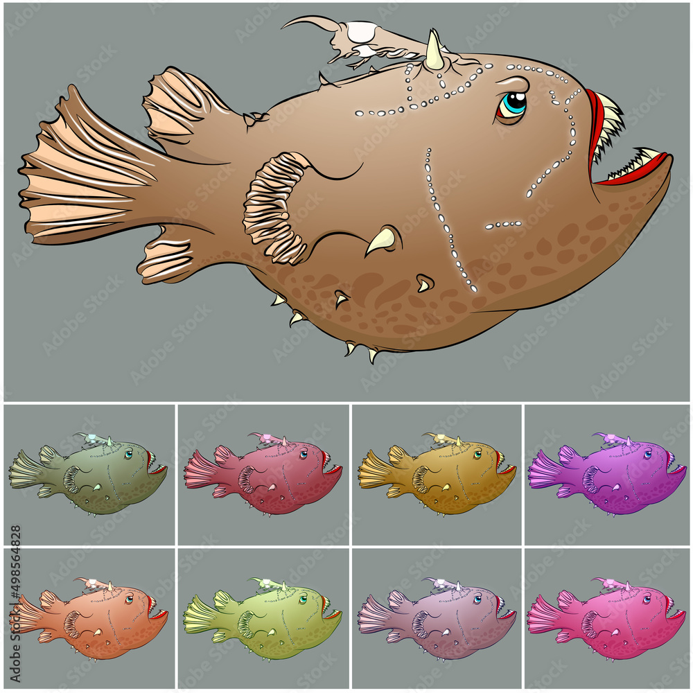 set of different colored fish - deep sea fish - lantern fish - angler ...