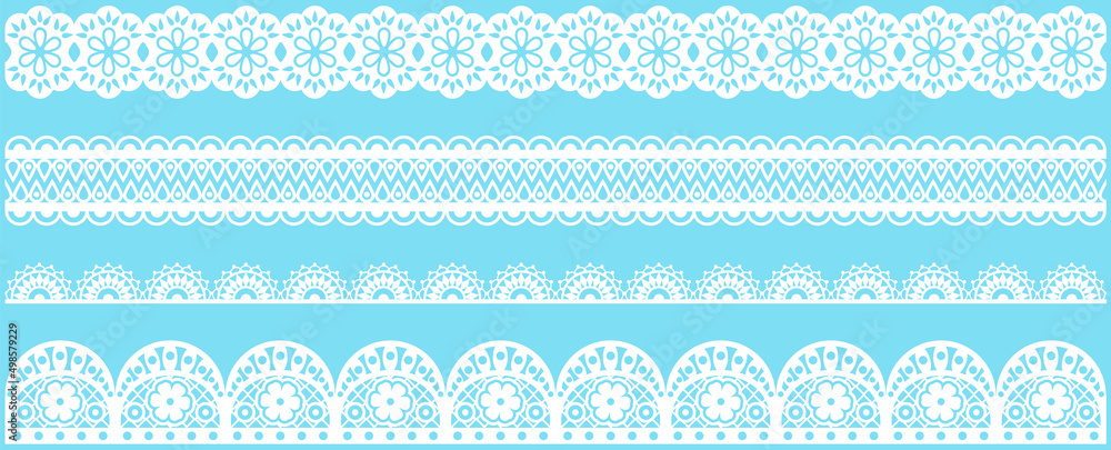 Set of wide lace ribbons with print. White design elements isolated on ...