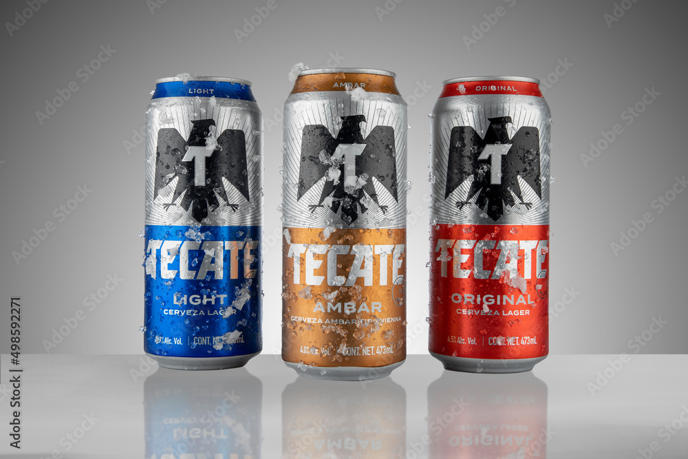 Mexico ,CDMX - April 12, 2022: Canned Tecate of three different flavors ...