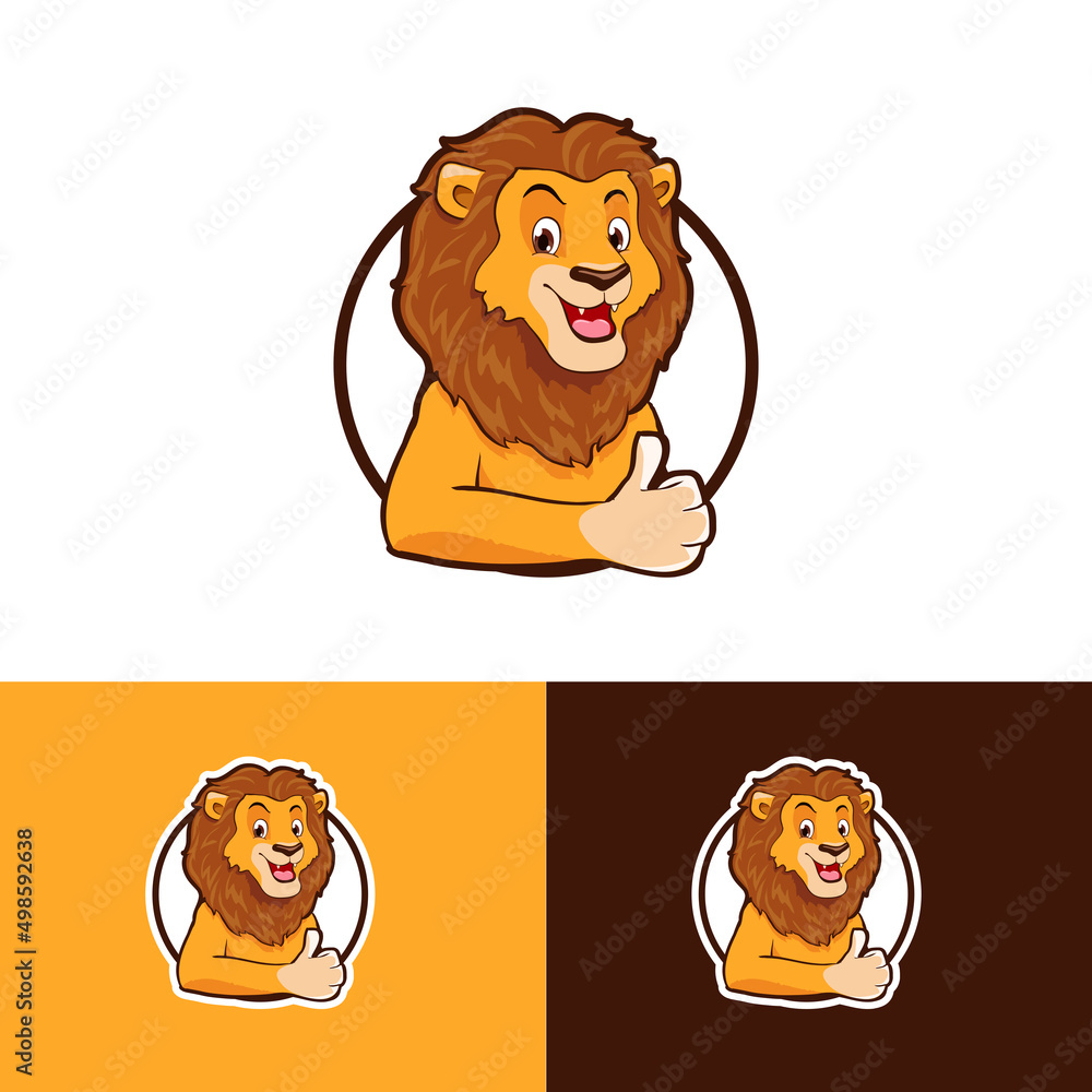 Cartoon smiling lion thumb up character mascot design. Logo in a circle ...
