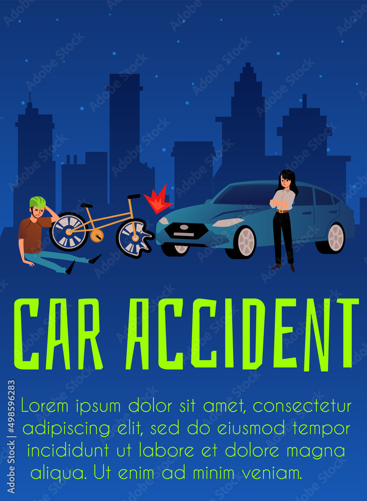 Car accident at night with car hitting bicycle driver, poster or flyer ...