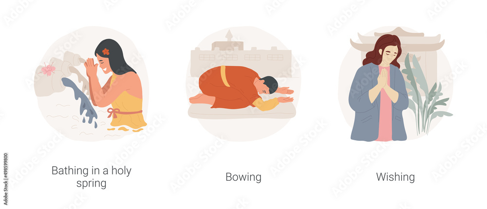 Buddhist pilgrim isolated cartoon vector illustration set. Young ...