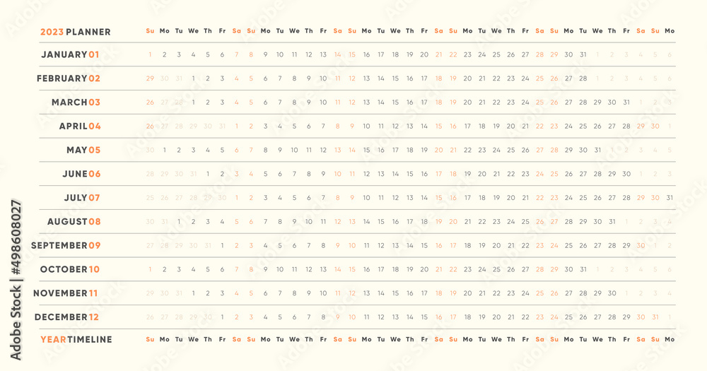 2023 yearly planner. Vector printable template. Modern calendar ...