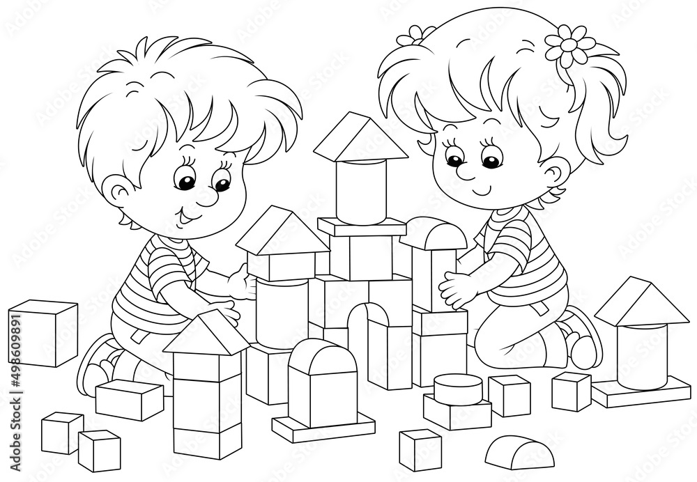 Happy little children playing with bricks and building a toy castle in ...