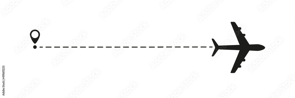 Airplane line path. Air plane flight route with start point and dotted ...