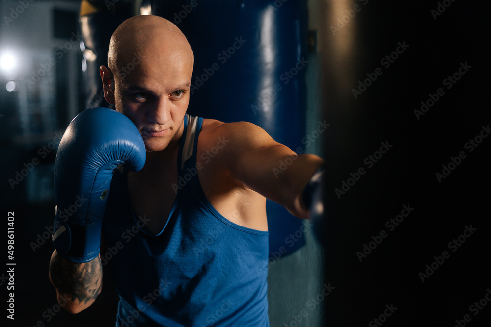 Close-up of professional bald boxer male training punches, beating ...